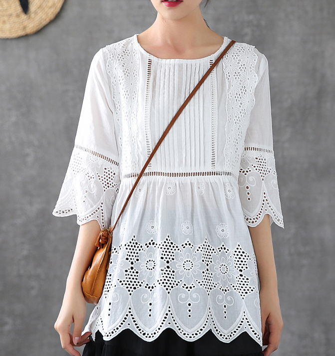 Hollow Summer Women Casual Blouse Cotton Shirts Tops DZA2007202 ...